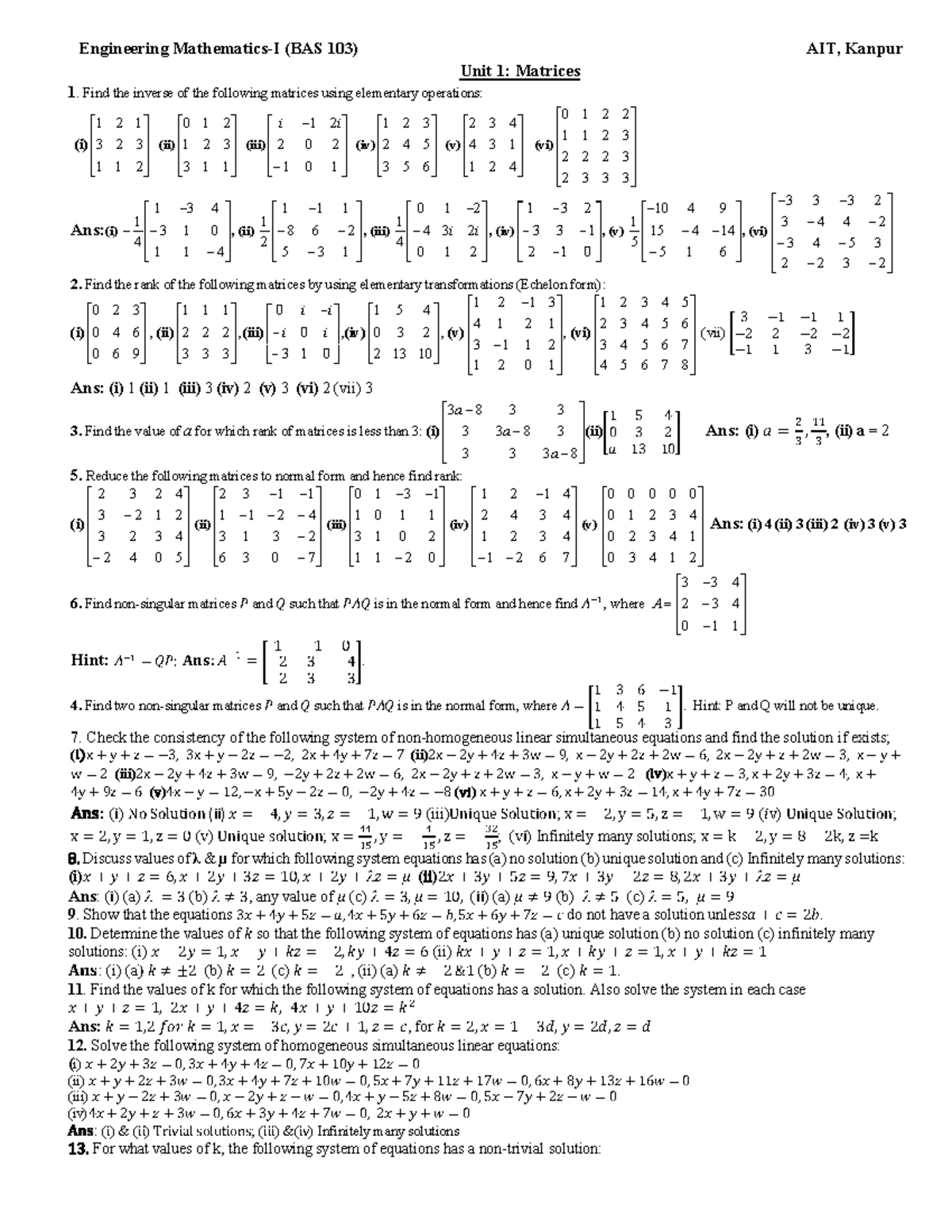Engineering Mathematics-I (BAS 103) - Matrices and Their Properties ...