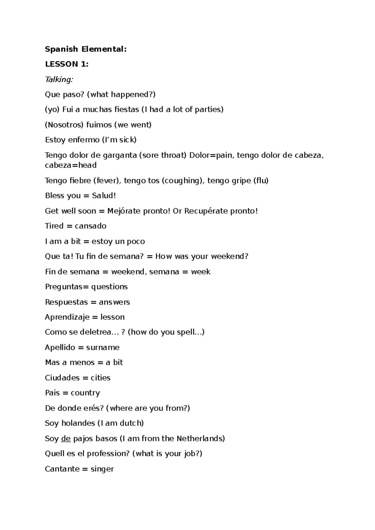 Spanish 101: Lesson on Intentions & Basic Verbs - Studocu