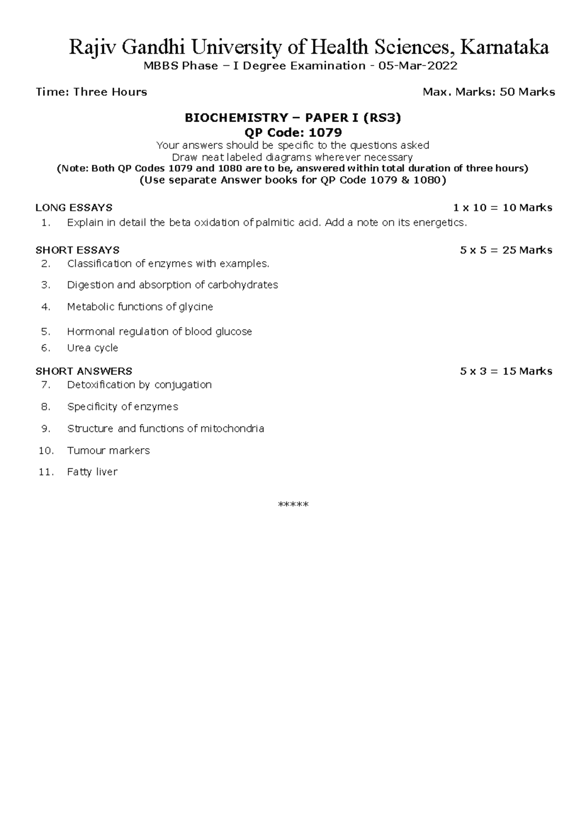 MBBS - 1079 - Biochemistry Paper I - Exam QP Code 1079 (Feb 2022) - Studocu