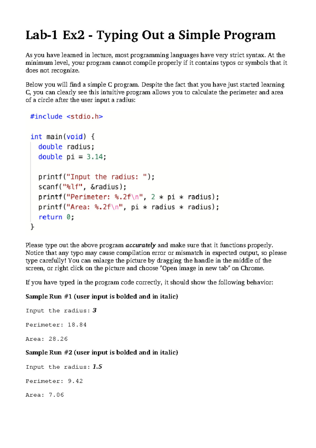 Lab01ex02 - Lab Ex - Lab-1 Ex2 - Typing Out a Simple Program As you ...