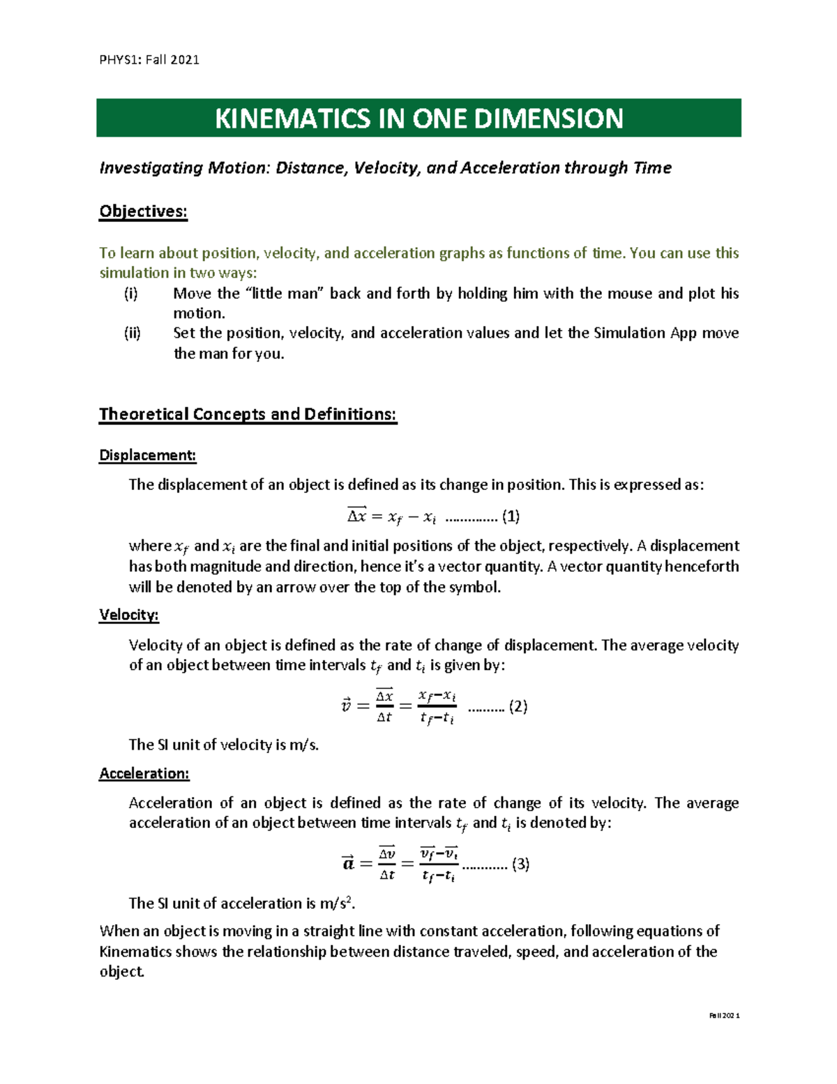 Lab 2 - Kinematics in 1D: Exploring Motion, Distance, and Acceleration ...