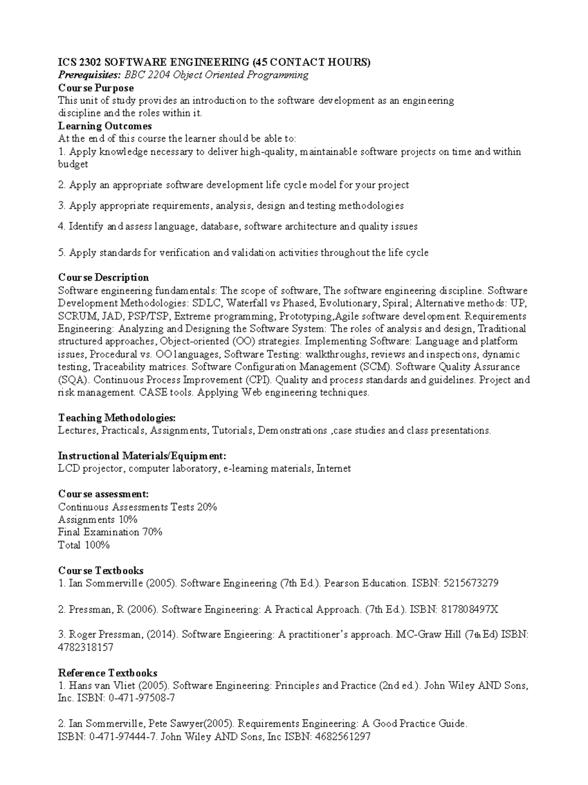 ICS 2302 Software Engineering Course Outline and Learning Outcomes ...