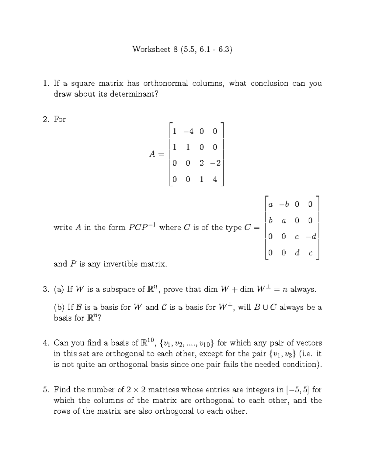 Linear Algebra Concepts Worksheet (6.1-6.3, 5.5) - Worksheet 8 (5, 6 ...