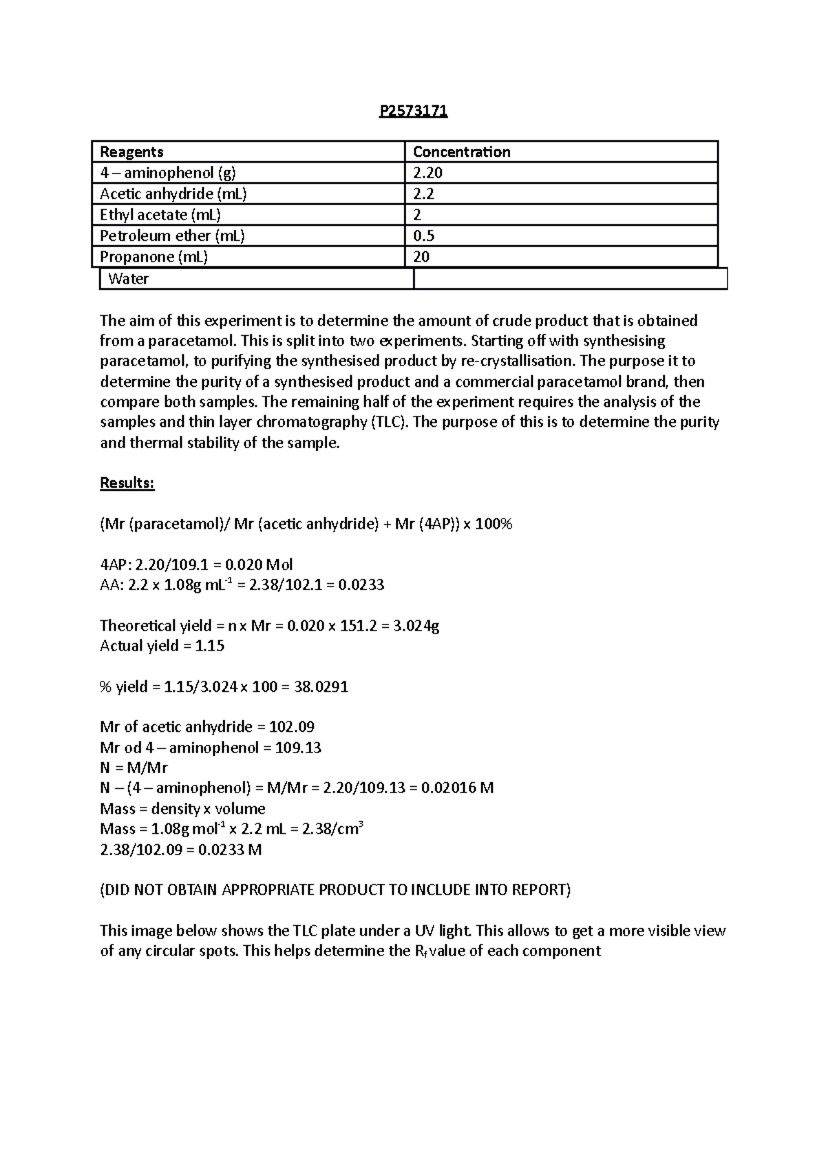 Purity Determination of Paracetamol by Synthesis & TLC Analysis - Studocu