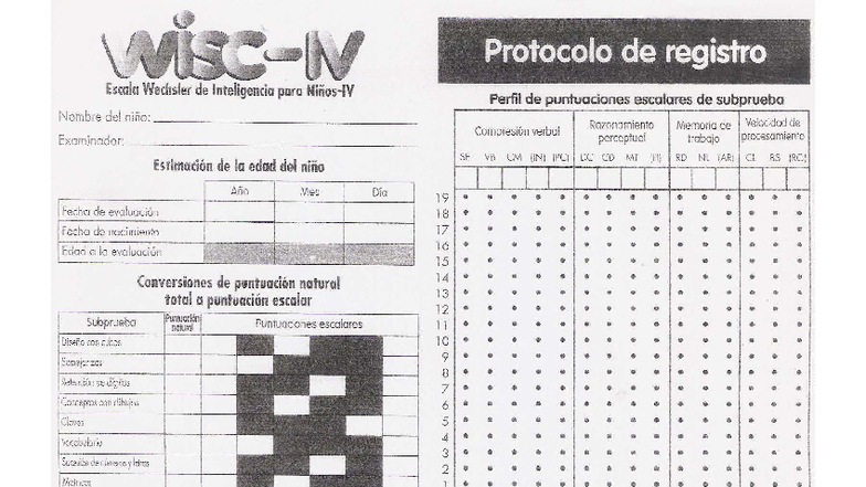Protocolo de Registro Escala Wechsler de Inteligencia (WISC-IV) - Studocu