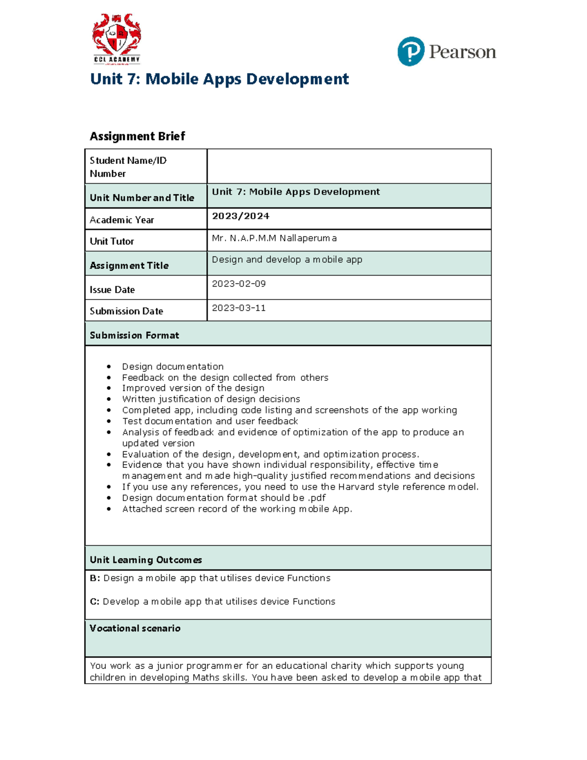 BTEC Level 3 Unit 7 Assignment 2: Mobile App Design & Development - Studocu