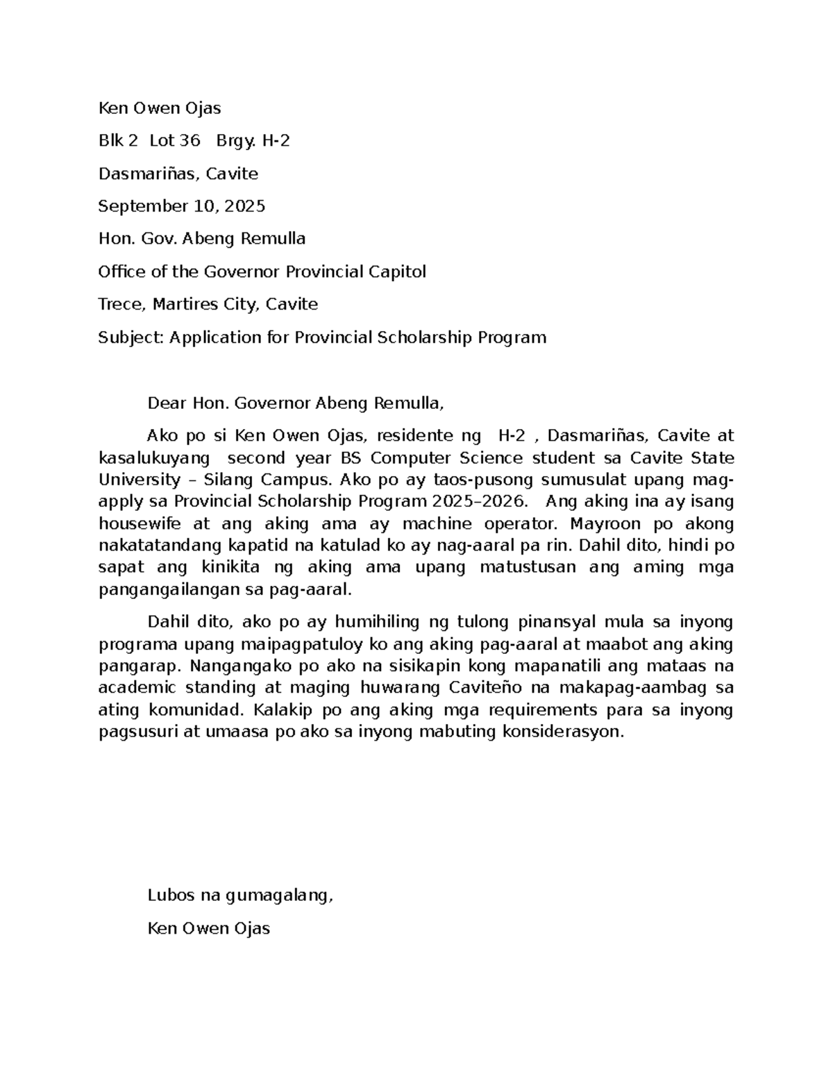Application for Provincial Scholarship Program - Ken Owen Ojas - Studocu