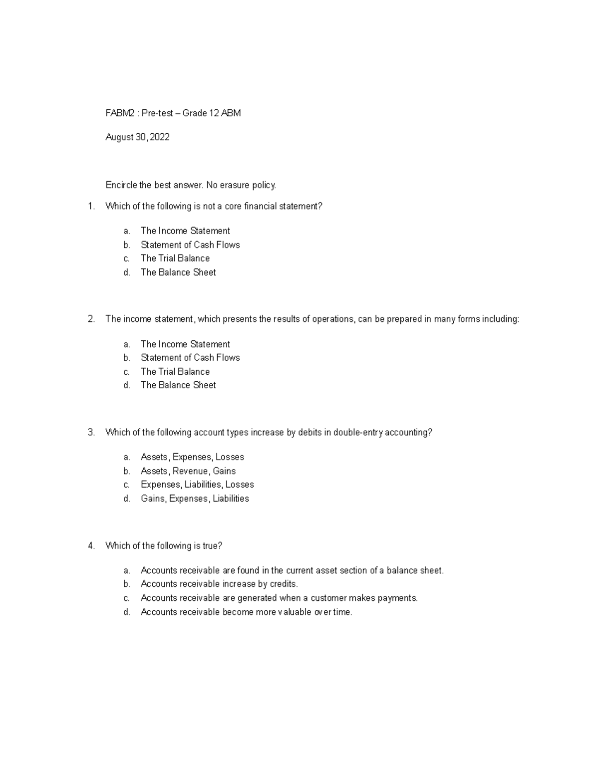 FABM2 - Pre-test (0830) - Diagnostic Exam for Grade 12 ABM Students ...