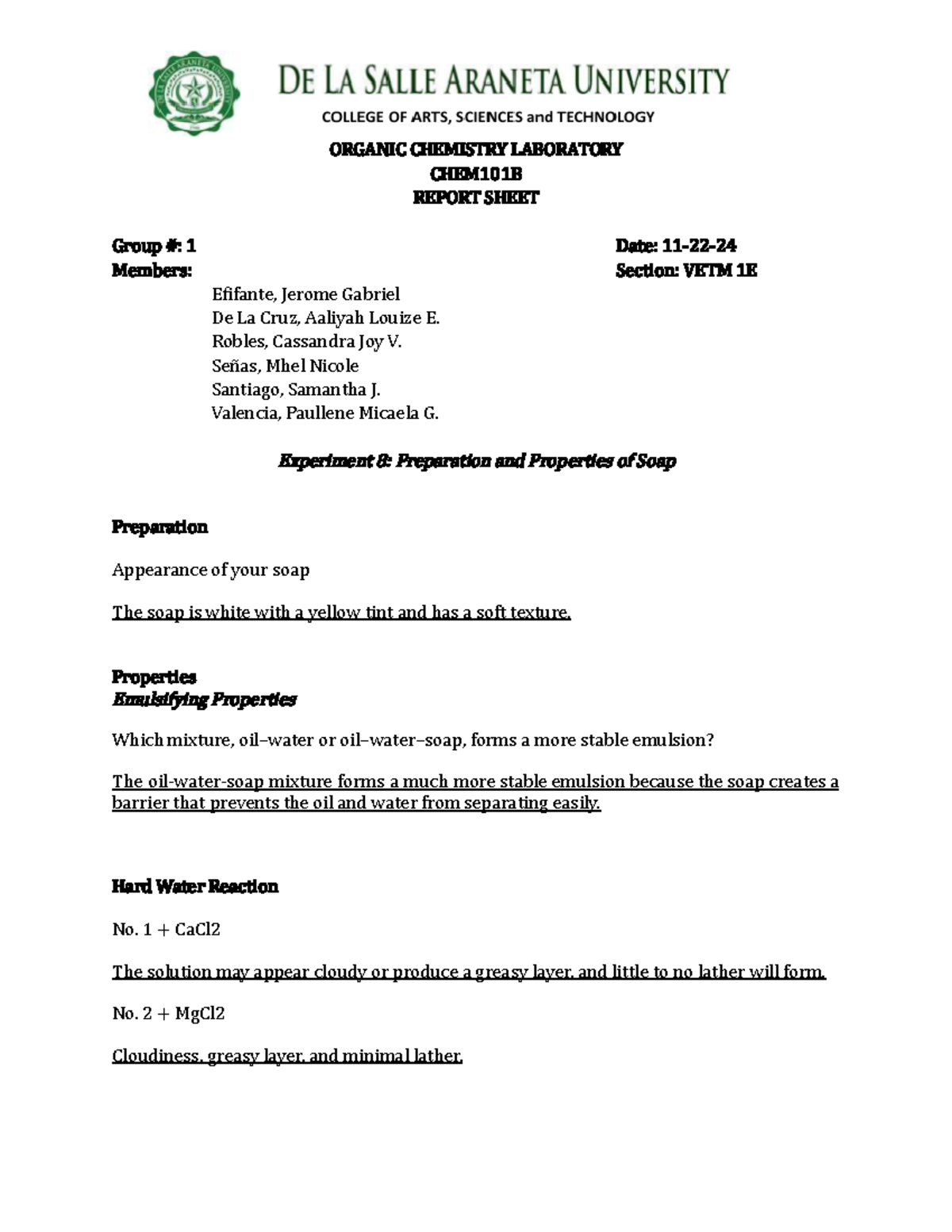 Preparation and Properties of Soap Report Sheet Group 1 - ORGANIC ...