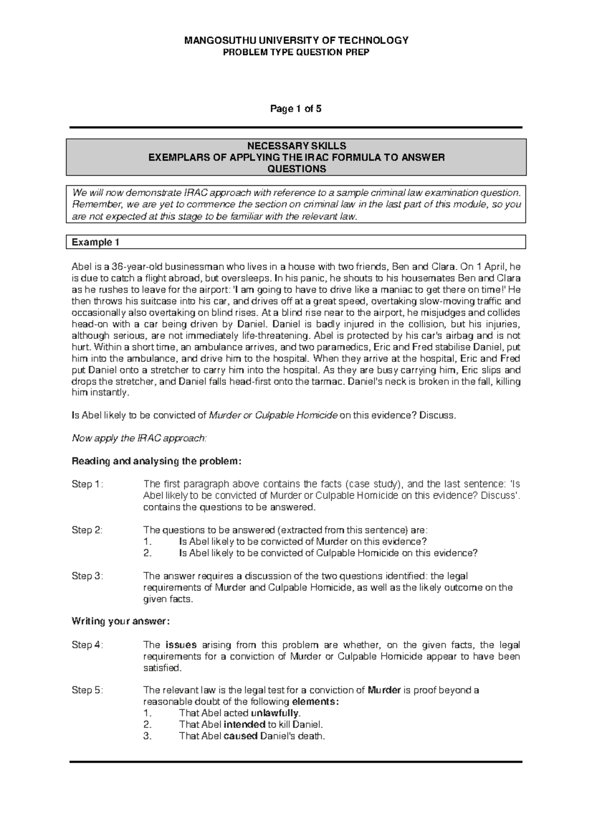 MUT Criminal Law IRAC Approach: Case Study & Analysis - Studocu