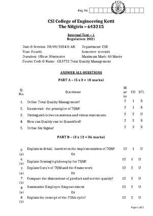 Total Quality Management - GE3752 - Important Questions with Answer ...