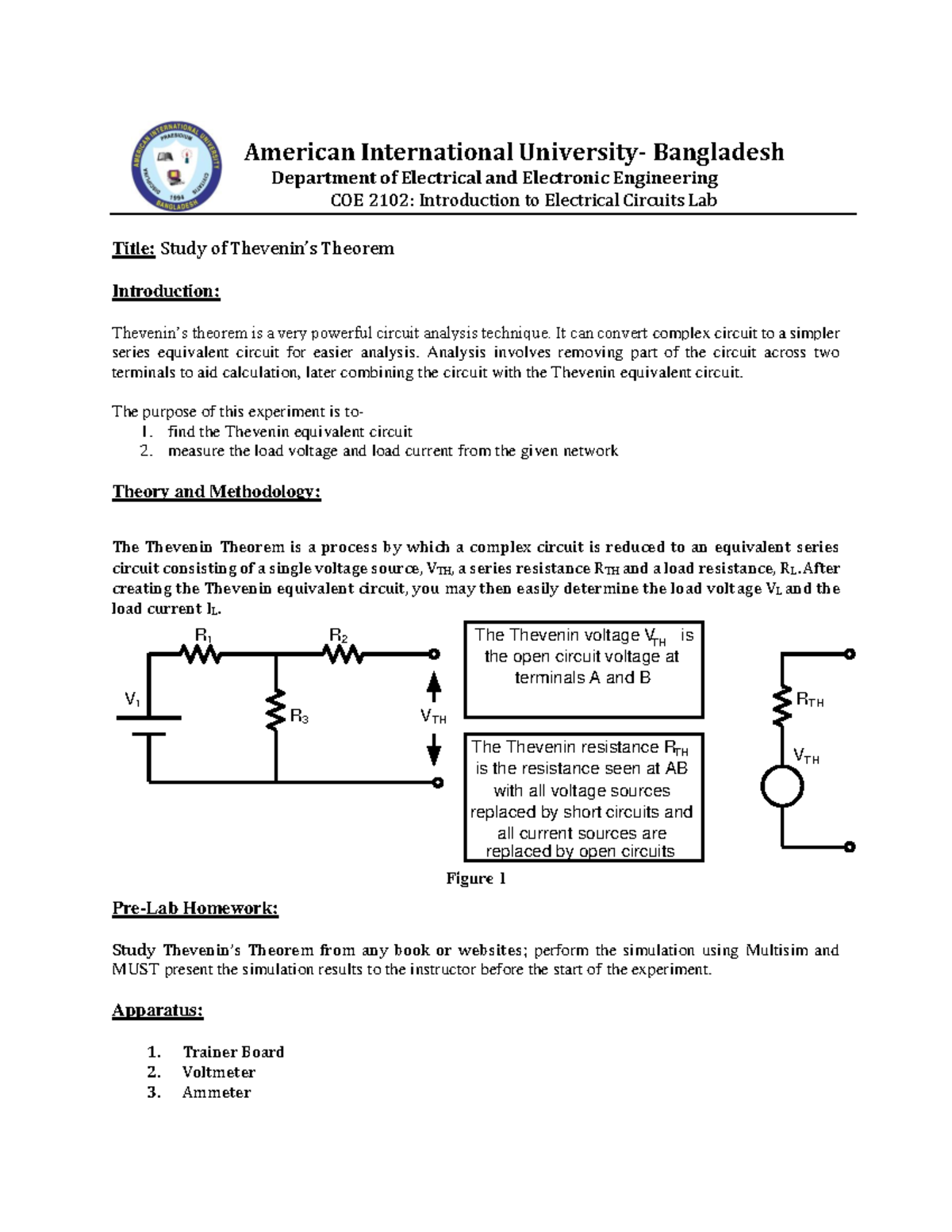 IEC 2102 Lab 5 Midterm: Thevenin's Theorem Analysis and Experiment ...