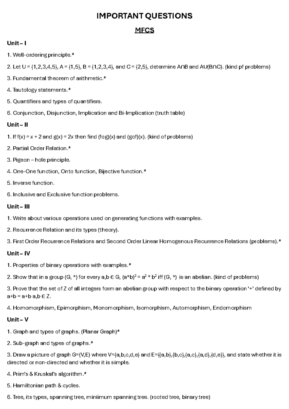 Sem-Imp Q - Important Questions for MFCS, DSC, Probability & Stats, and ...
