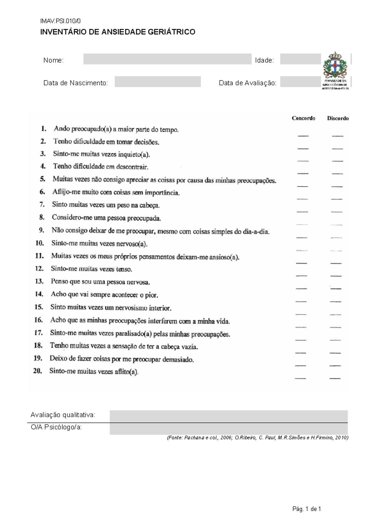 IMAV.PSI.010 - Inventário de Ansiedade Geriátrico - Psicologia Do ...