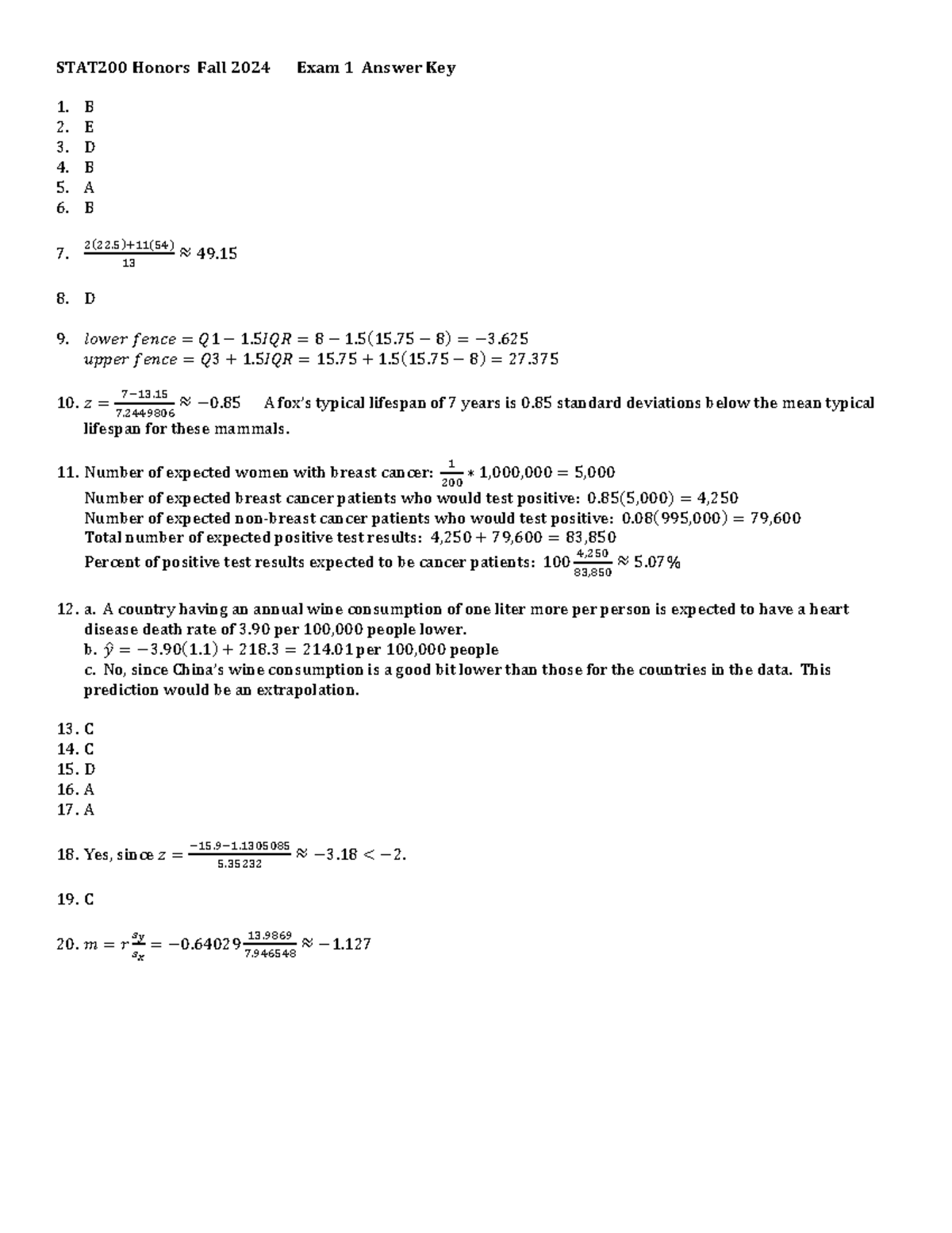 STAT200 Honors Fall 2024 Exam 1 Answer Key - Studocu