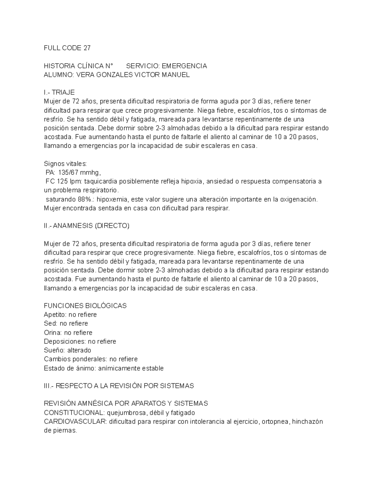 Código Completo 27: Historia Clínica de Emergencia - Mujer 72 Años ...