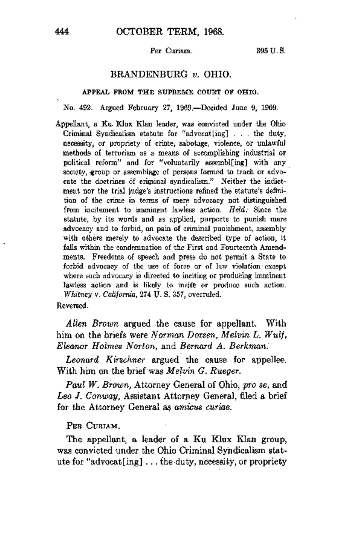 Brandenburg v. Ohio: Supreme Court Ruling on Free Speech, 1968 - Studocu