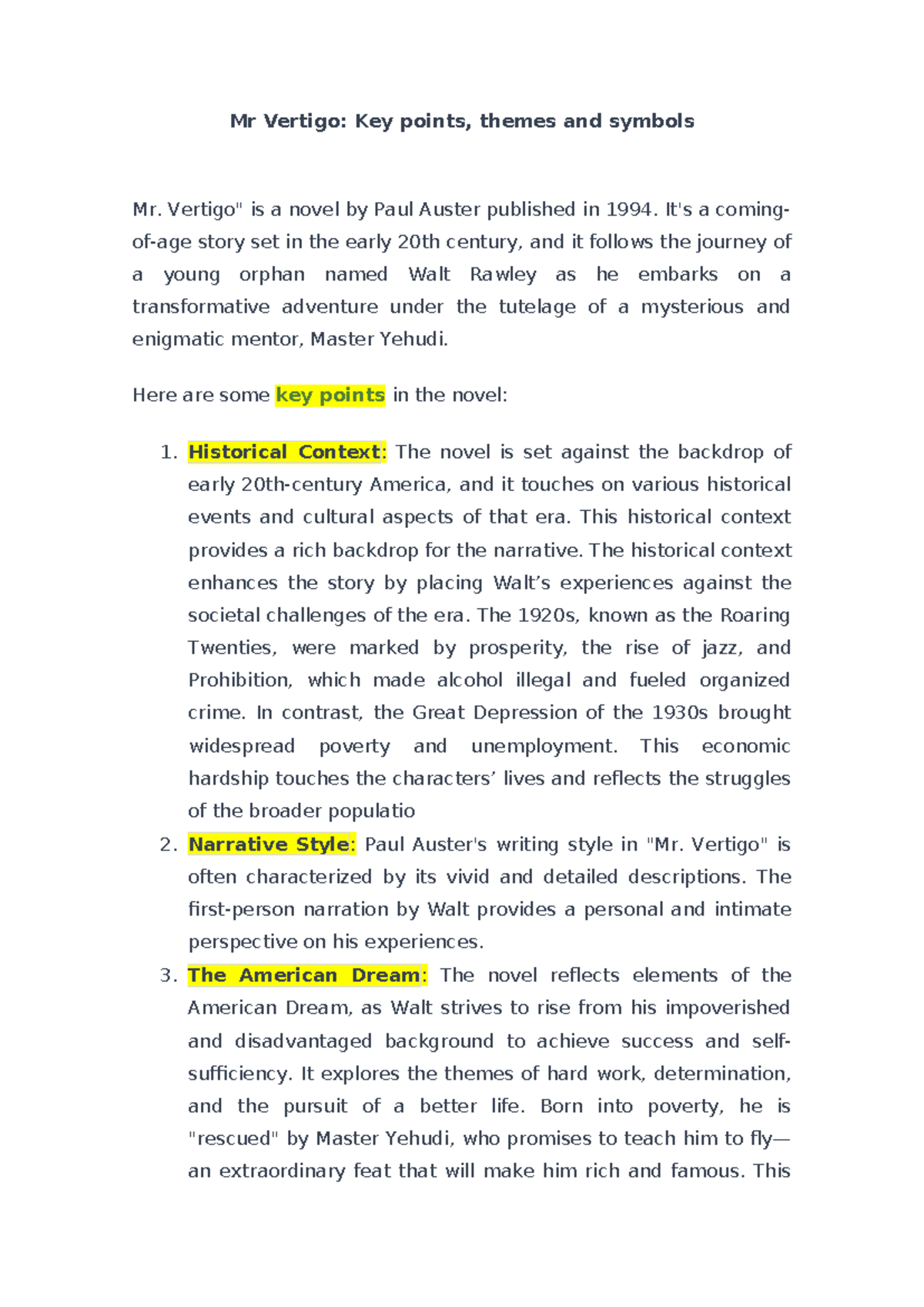 Mr. Vertigo (Final Exam) - Themes, Symbols, and Key Insights - Studocu