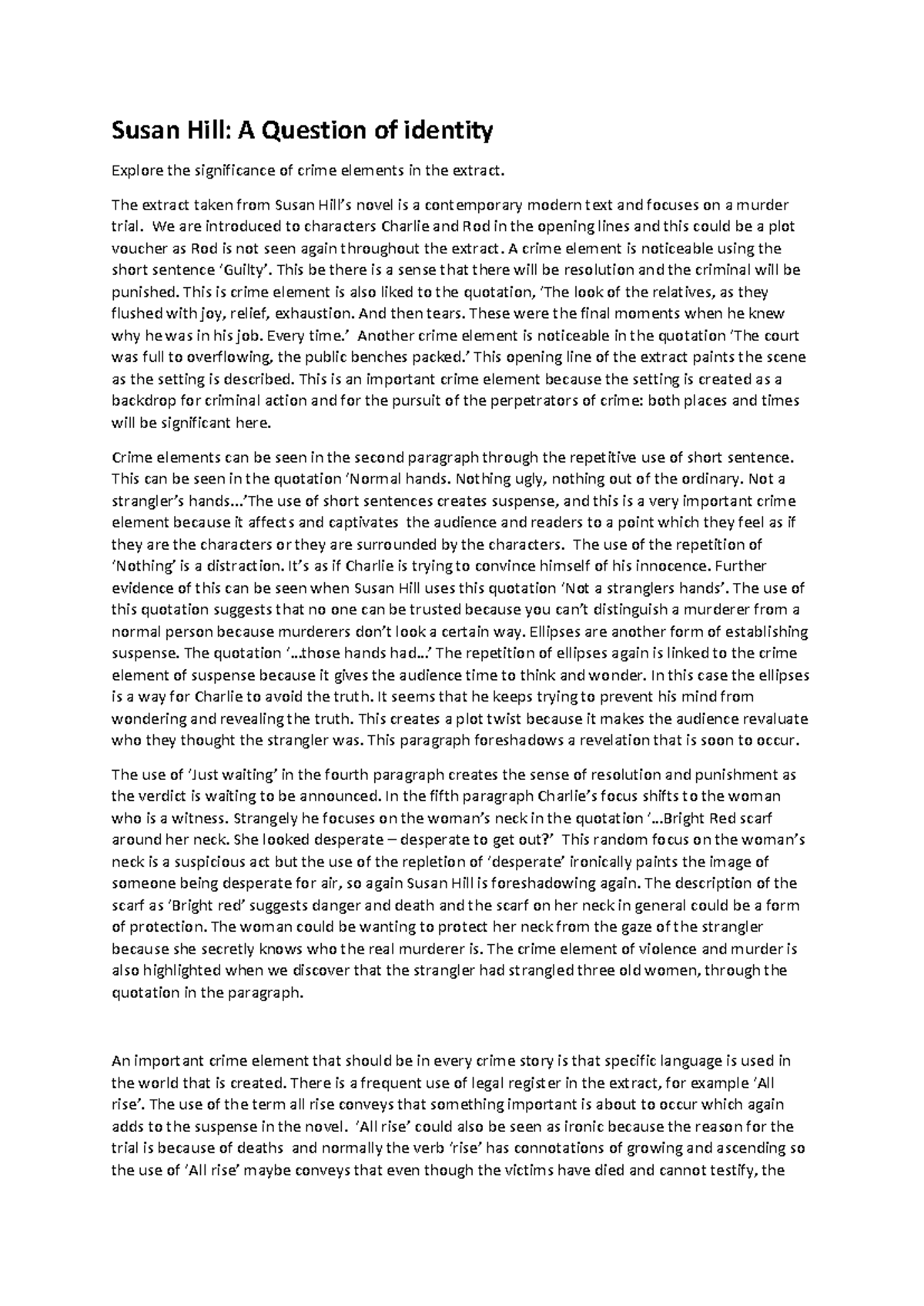 Essay 10 - Analyzing Crime Elements in Susan Hill's Extract - Studocu