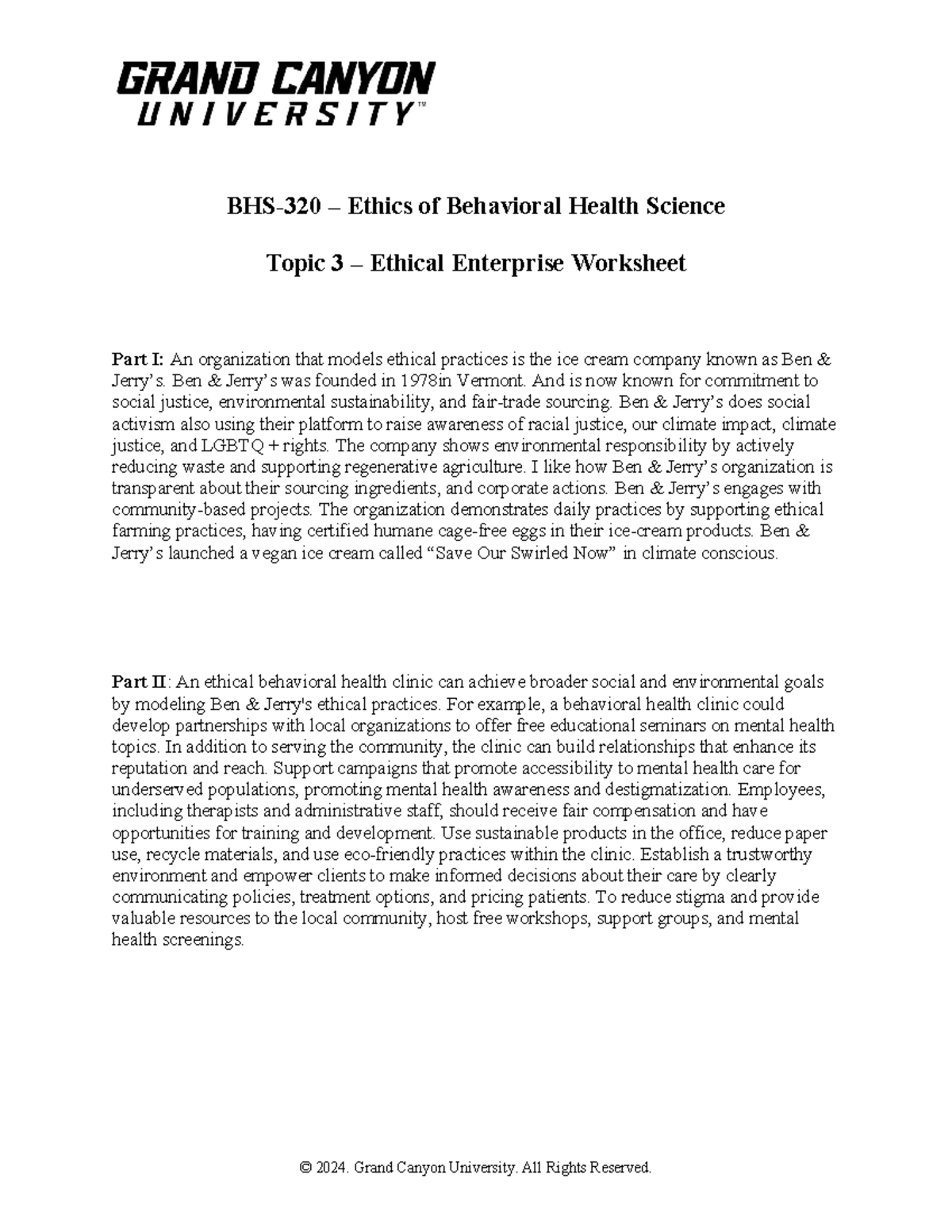 BHS-320 Ethical Enterprise Worksheet: Modeling Ethical Practices - Studocu