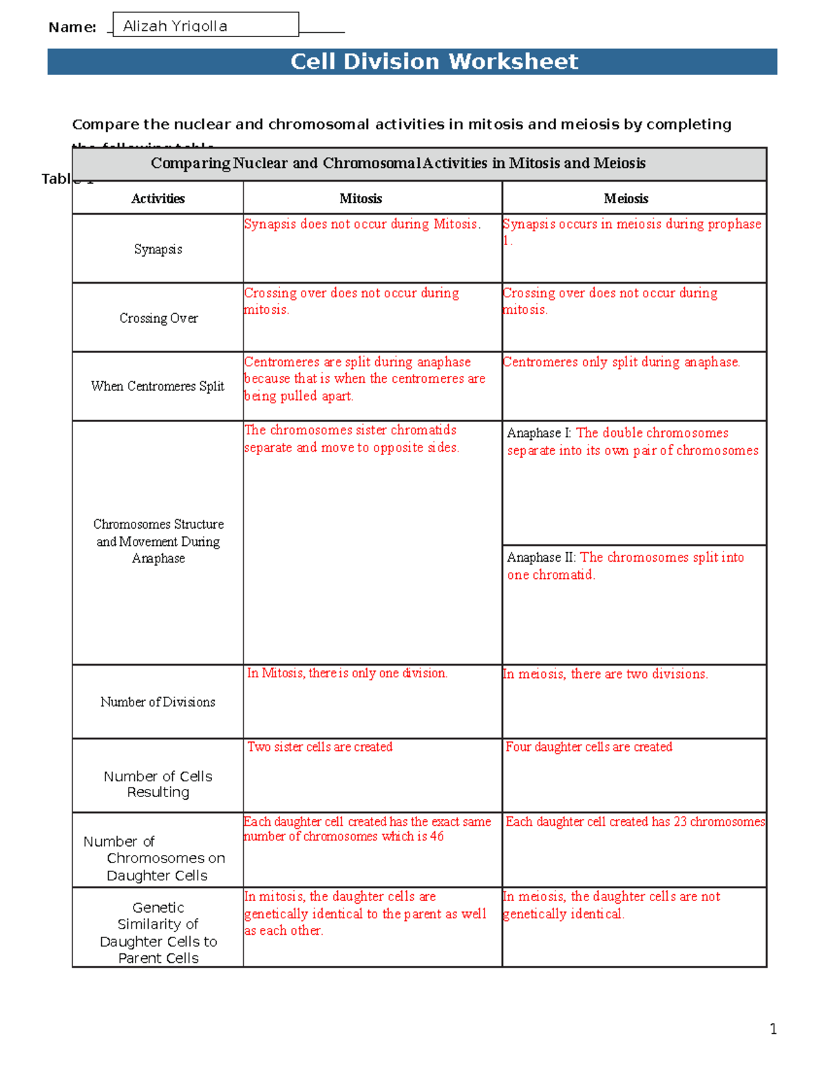 BIO181L Lab 8: Cell Division Worksheet and Comparison of Mitosis ...