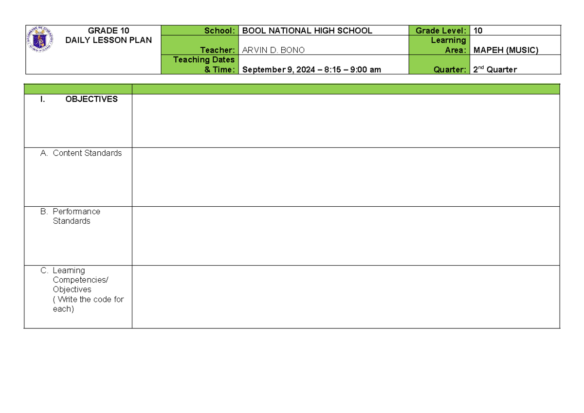 MATH 8 Q2 WK1 D1 BNHS - Grade 10 Daily Lesson Plan for MAPEH - Studocu