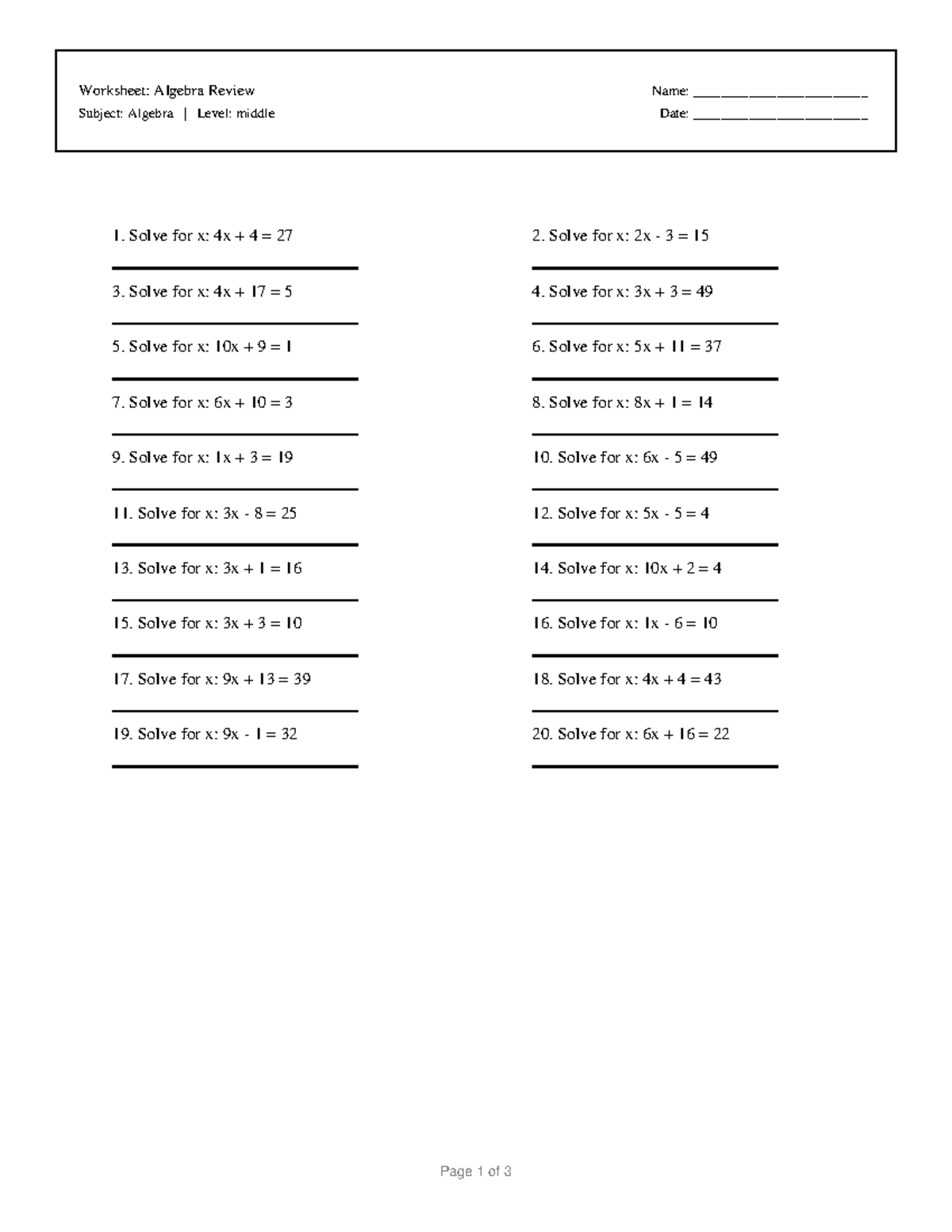 Algebra Review Worksheet: Middle Level Practice - Studocu
