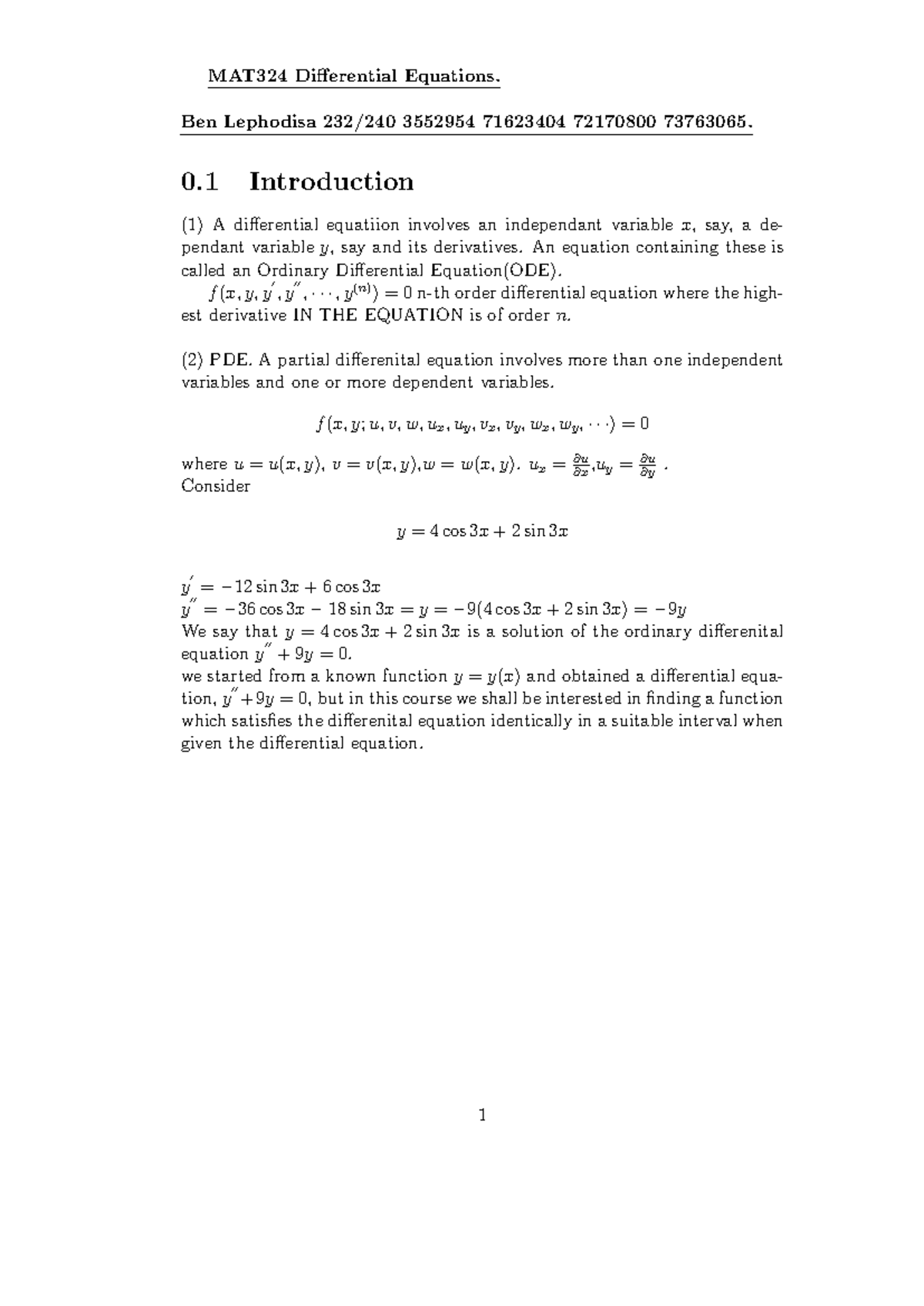 MAT324 Differential Equations: Comprehensive Study Notes 1 - Studocu