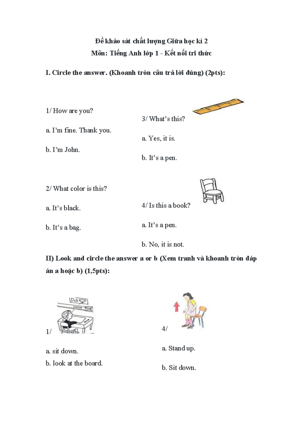 Đề khảo sát chất lượng Giữa học kì 2 - Tiếng Anh lớp 1 (2024-2025 ...