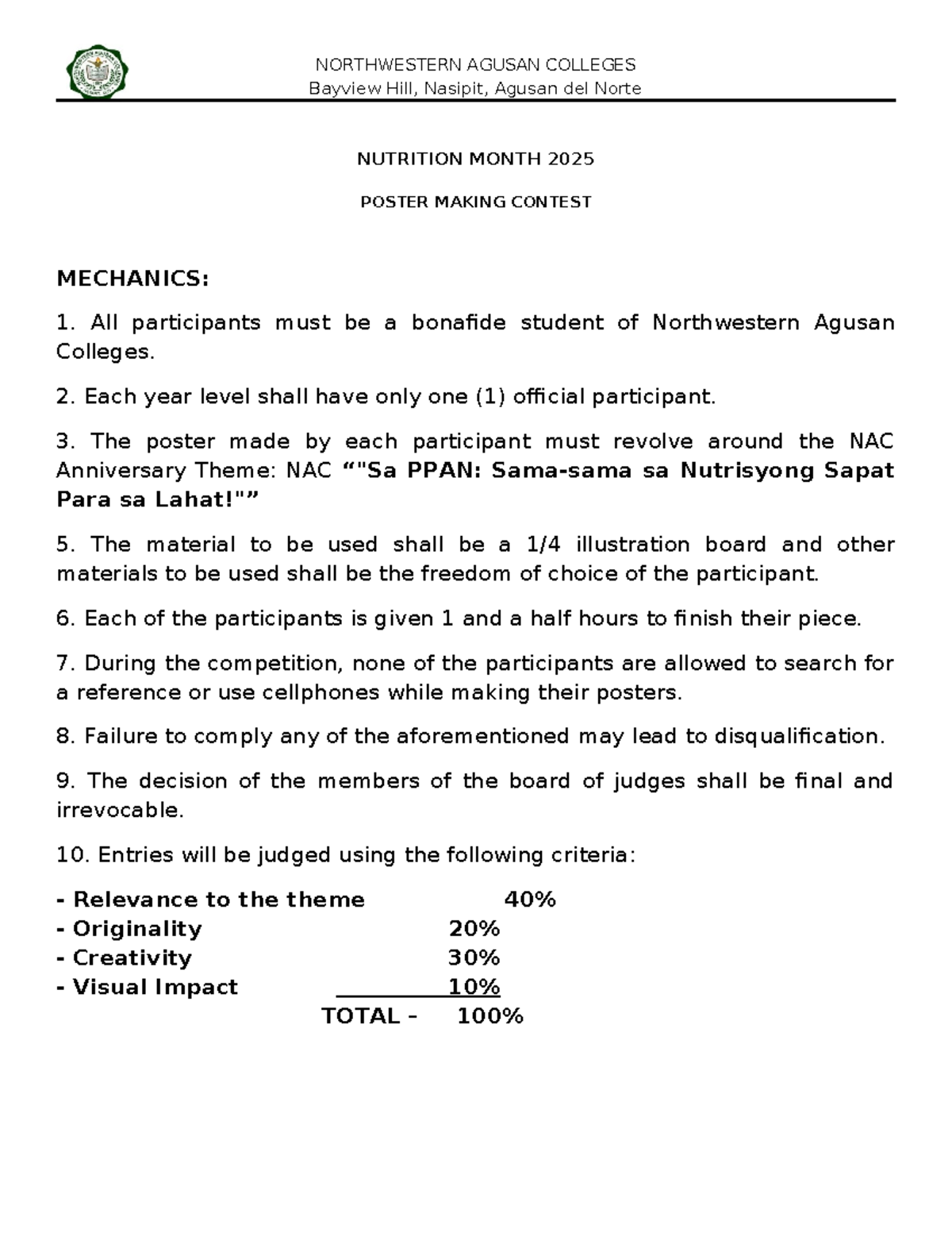 NAC Poster Making Contest Mechanics 2025 Guidelines - Studocu