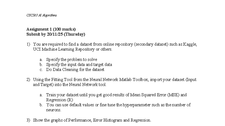 Asgmt 1 Instructions for CSC583 AI Algorithms (100 Marks) - Studocu