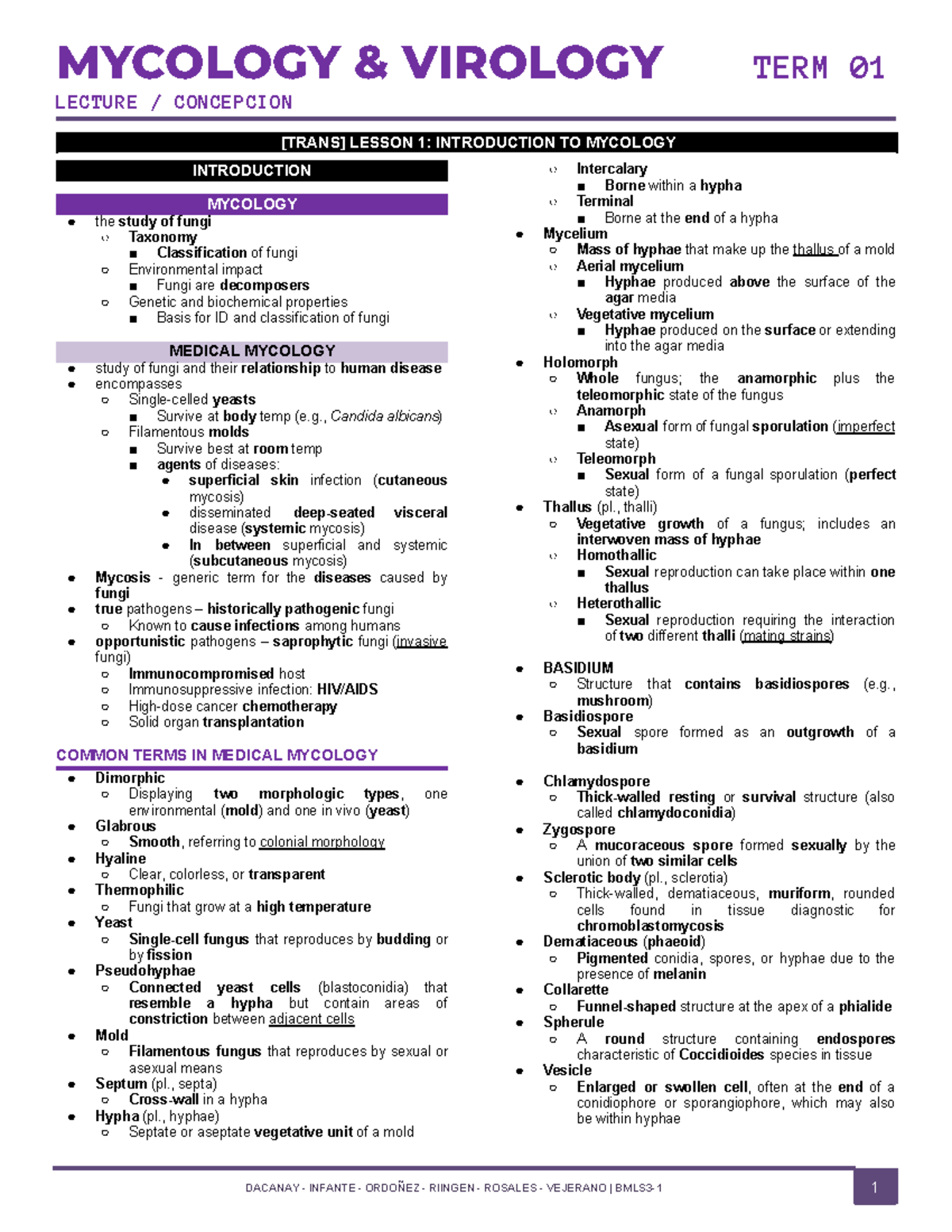 MYCO-VIRO 01: Introduction to Mycology - Key Concepts and Terms - Studocu