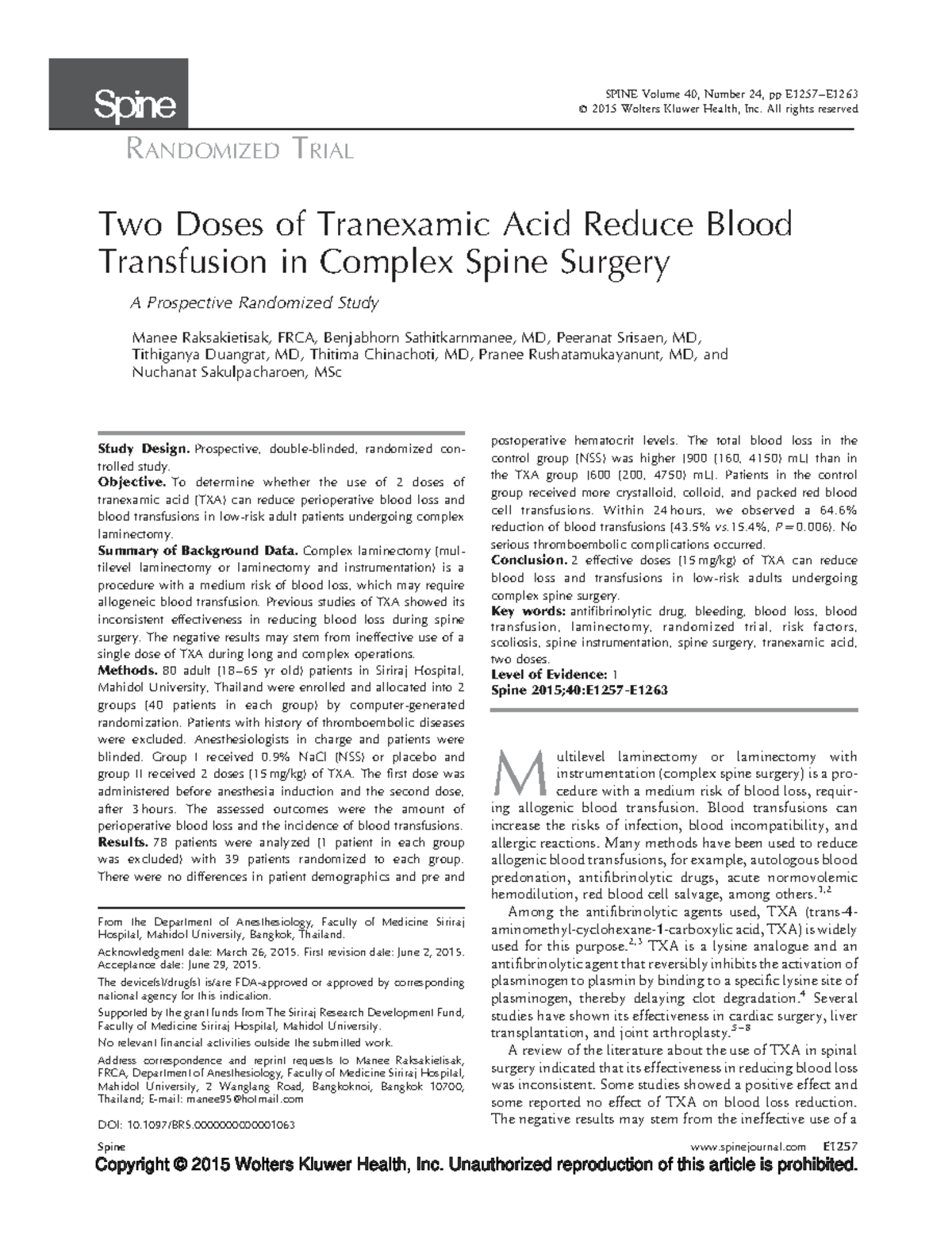 SPINE 40(24): E1257-1263 - TXA Reduces Blood Transfusion in Complex ...