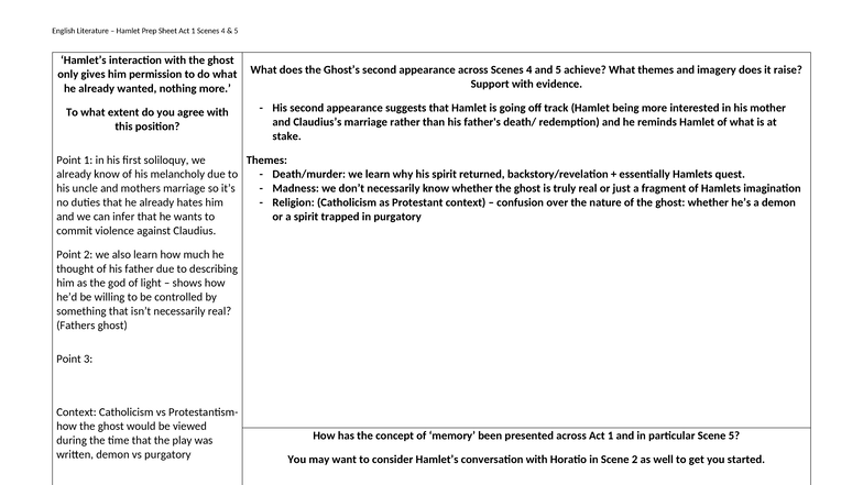 Hamlet Prep Sheet (ENG 101): Act 1 Scenes 4 & 5 Analysis - Studocu