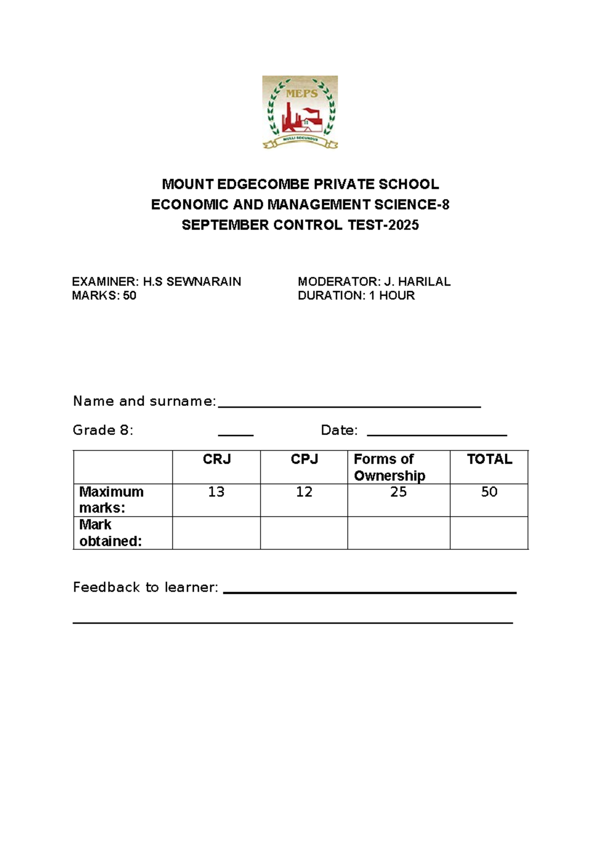 Gr 8 Economic & Management Control Exam - Sept 2023 - Studocu