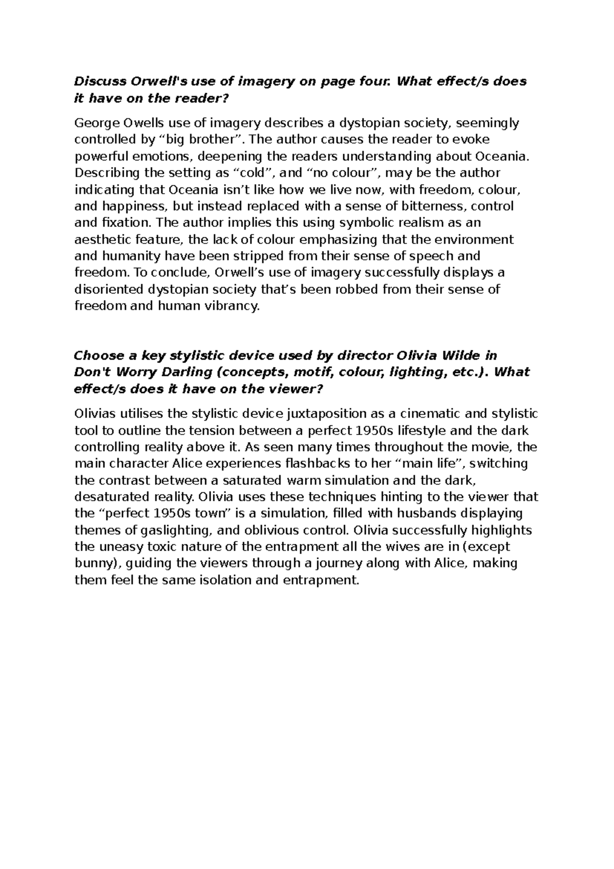 Class Work - IA2: Imagery in Orwell's Dystopia & Wilde's Juxtaposition ...