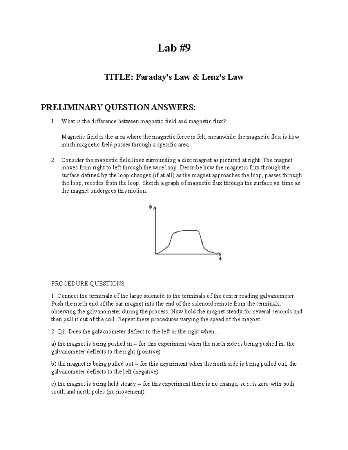 Lab 9 - Faraday's Law & Lenz's Law Analysis and Procedures - Studocu