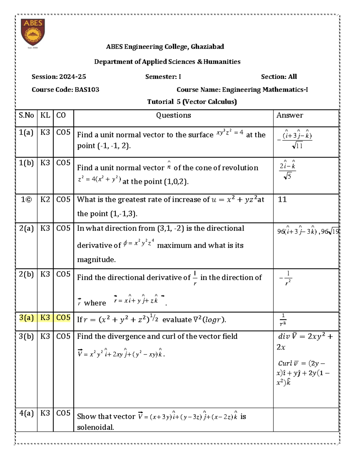 BAS103 Engineering Tutorial 5: Vector Calculus Solutions - Studocu