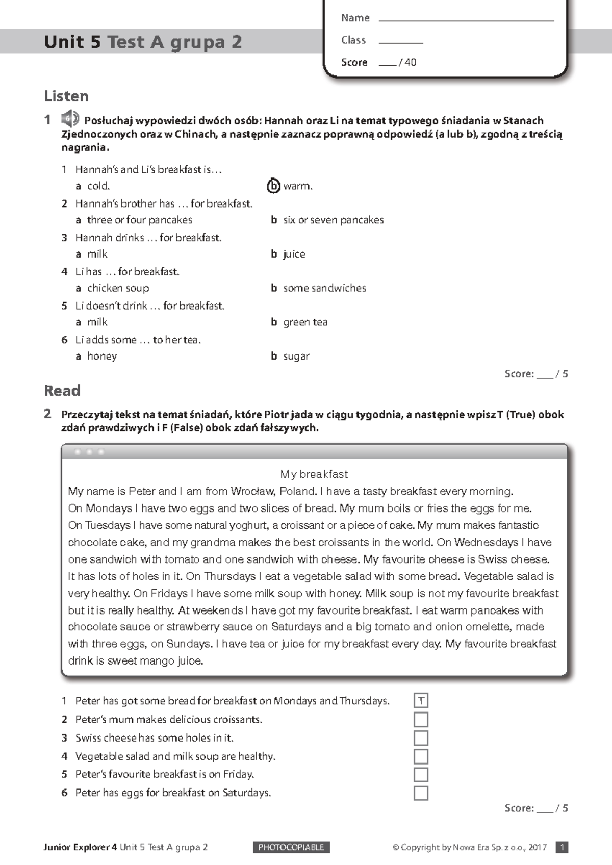 Unit 5 Test A Grupa 2 - Breakfast Listening & Reading Notes - Studocu