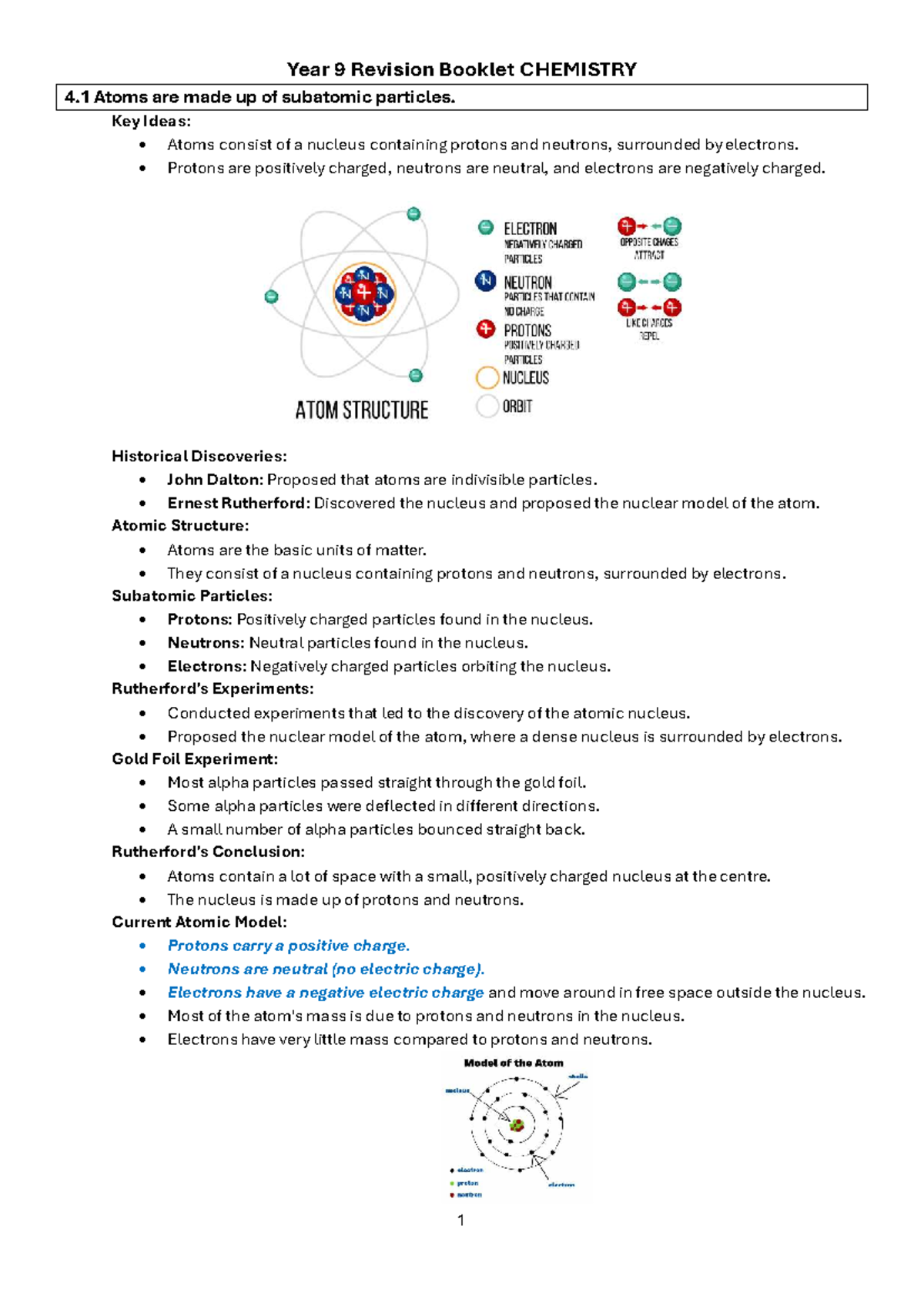 Year 9 Chemistry Revision Booklet: Atoms & Periodic Table Overview ...