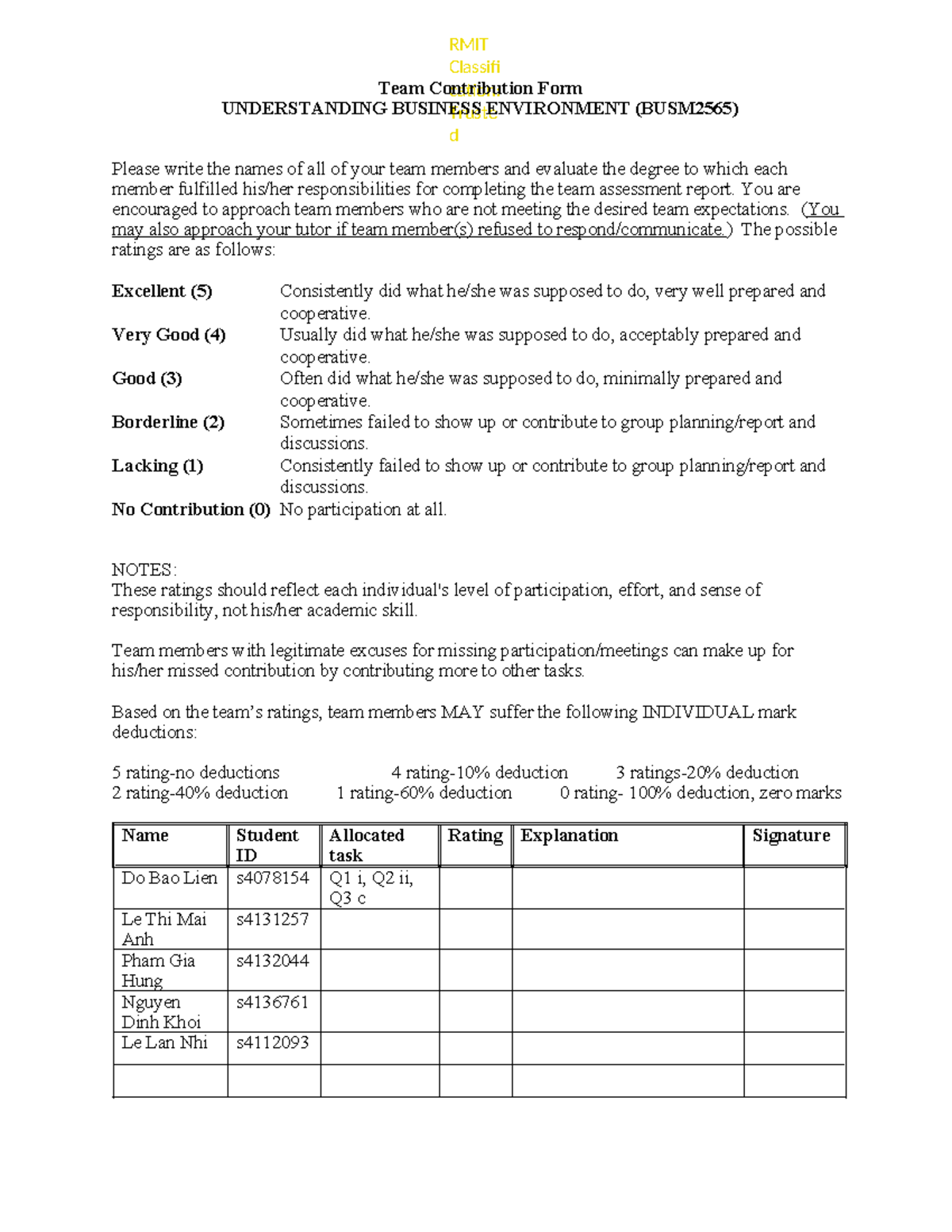 BUSM2565 Team Contribution Evaluation Form - Studocu