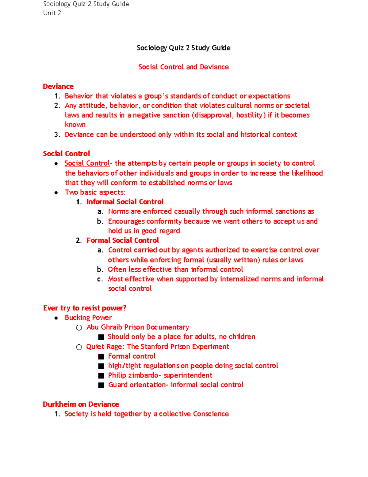Sociology Quiz 2 Study Guide - Unit 2 Sociology Quiz 2 Study Guide ...