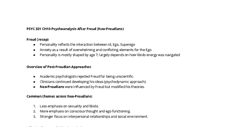 PSYC 321 CH10 Psychoanalysis Post-Freud: Key Theories & Concepts - Studocu