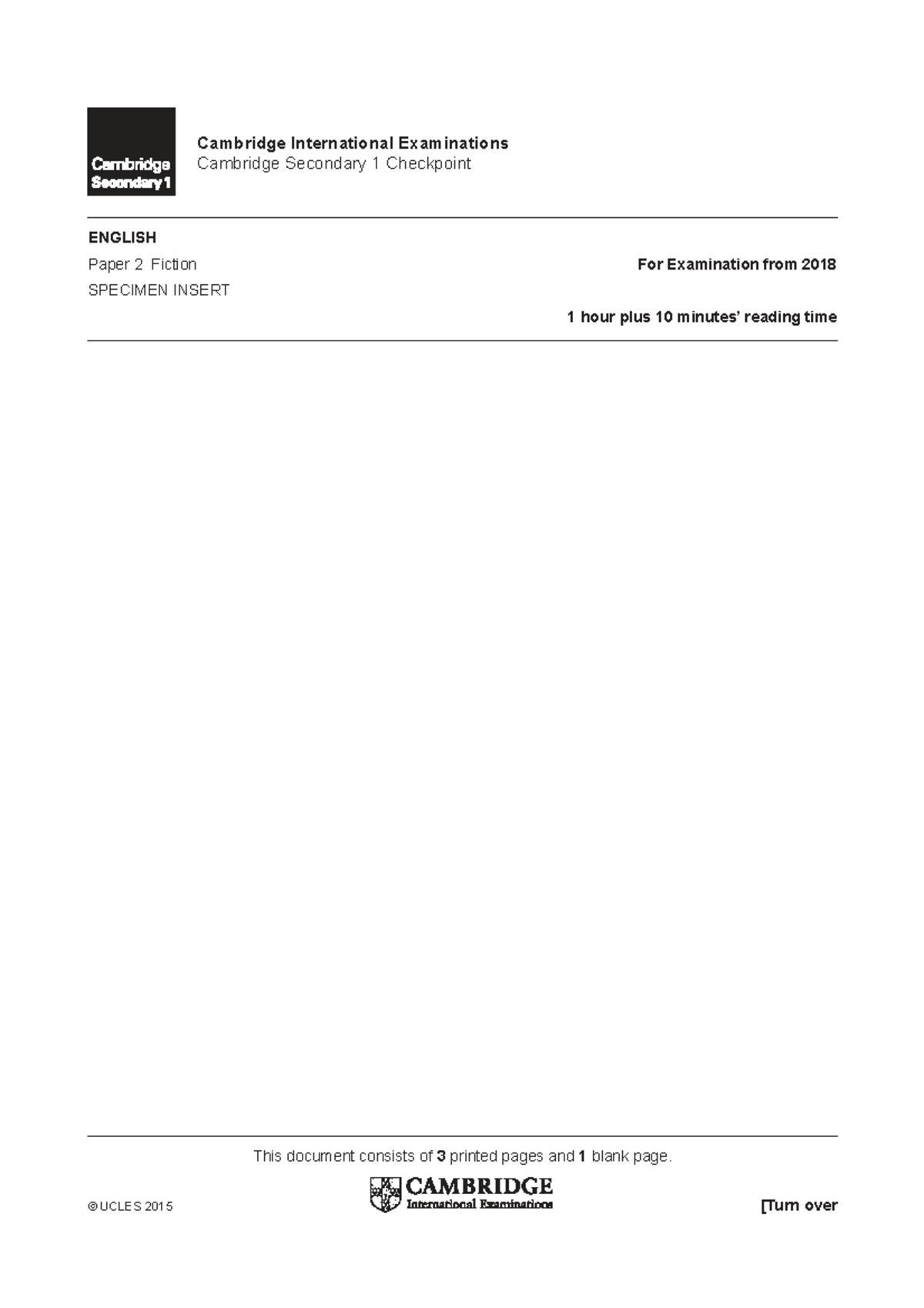 Cambridge Secondary 1 Checkpoint ENGLISH Paper 2 Fiction Specimen 2018 ...
