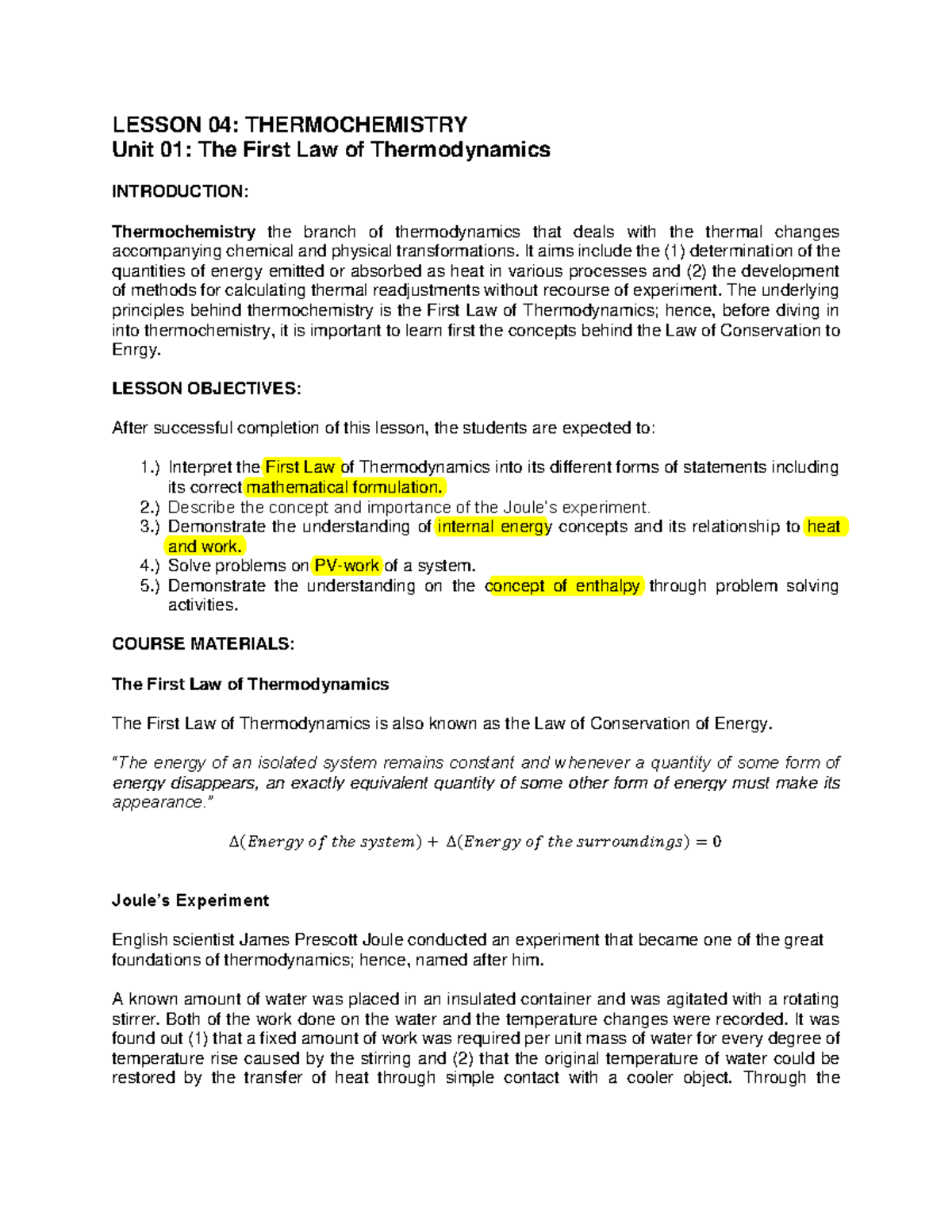 L4 w5 01 Thermo Concepts First Law - LESSON 04: THERMOCHEMISTRY Unit 01: The First Law of - Studocu