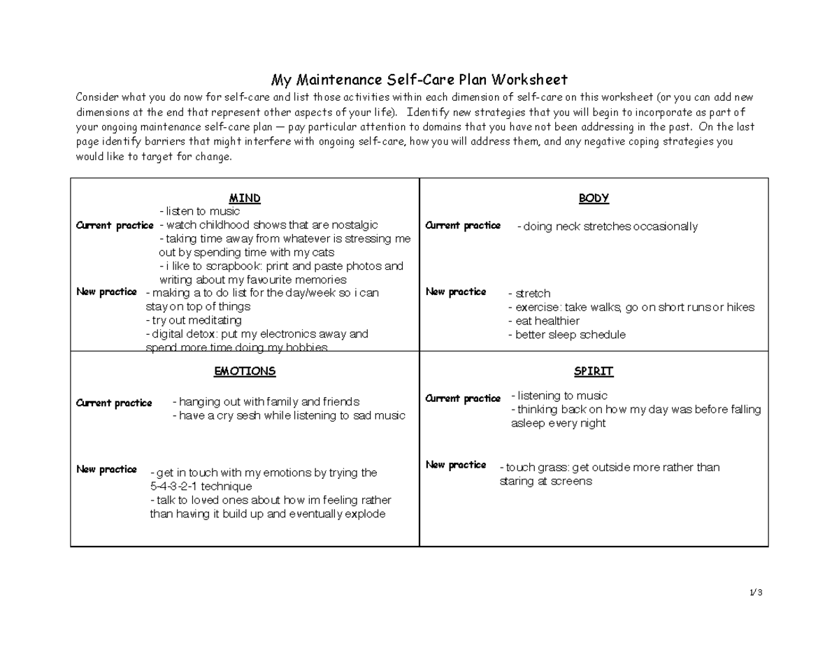 My Maintenance Plan Worksheet: Self-Care Strategies & Activities - Studocu