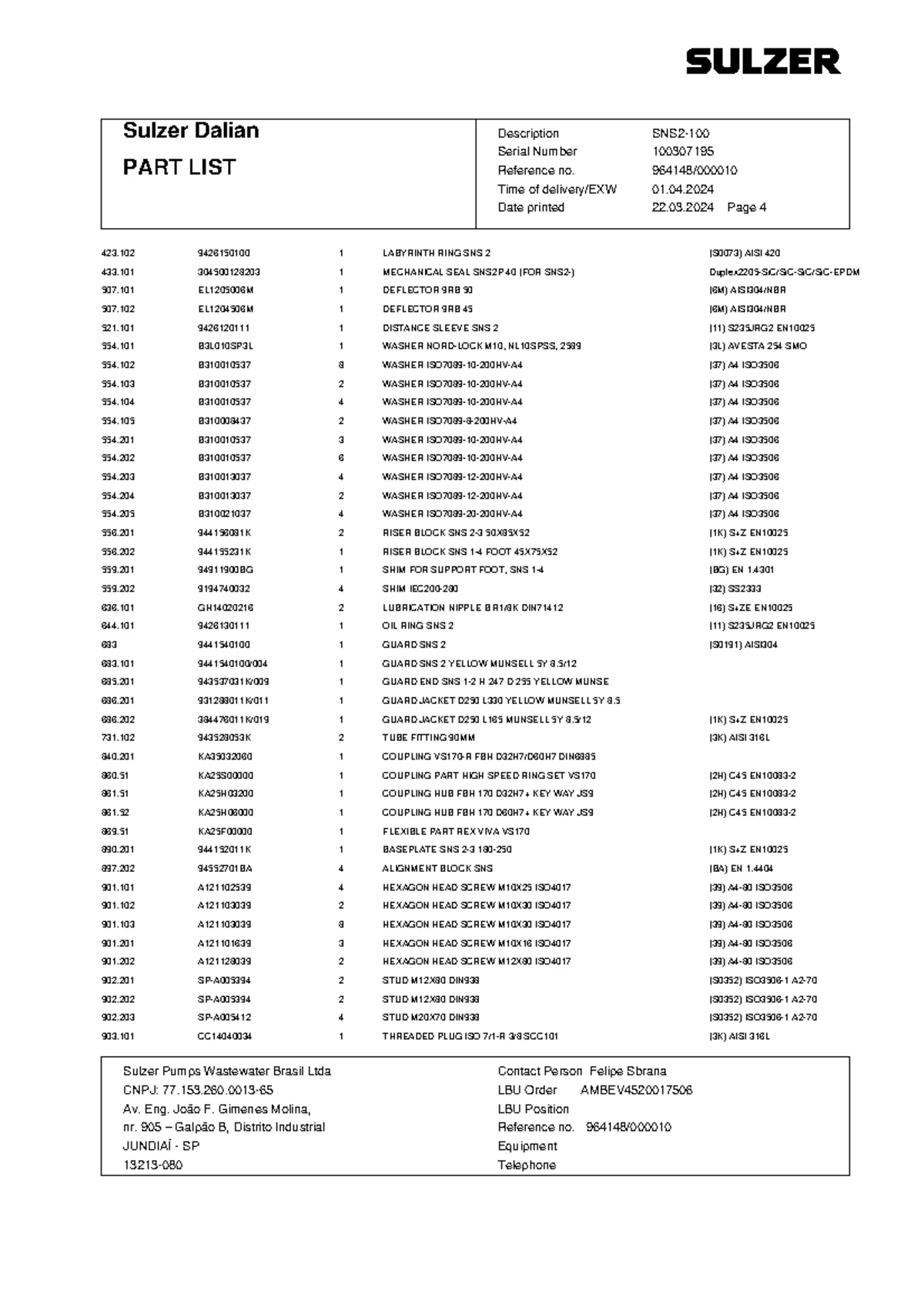 Sulzer Dalian Pump Manual - Part List & Reference Details - Studocu