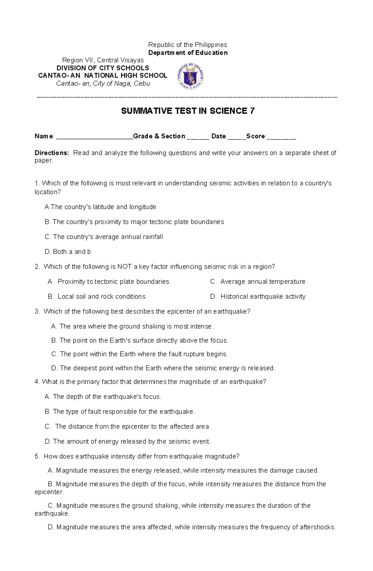 Grade 7 Science Summative Test (4th Quarter) - Studocu