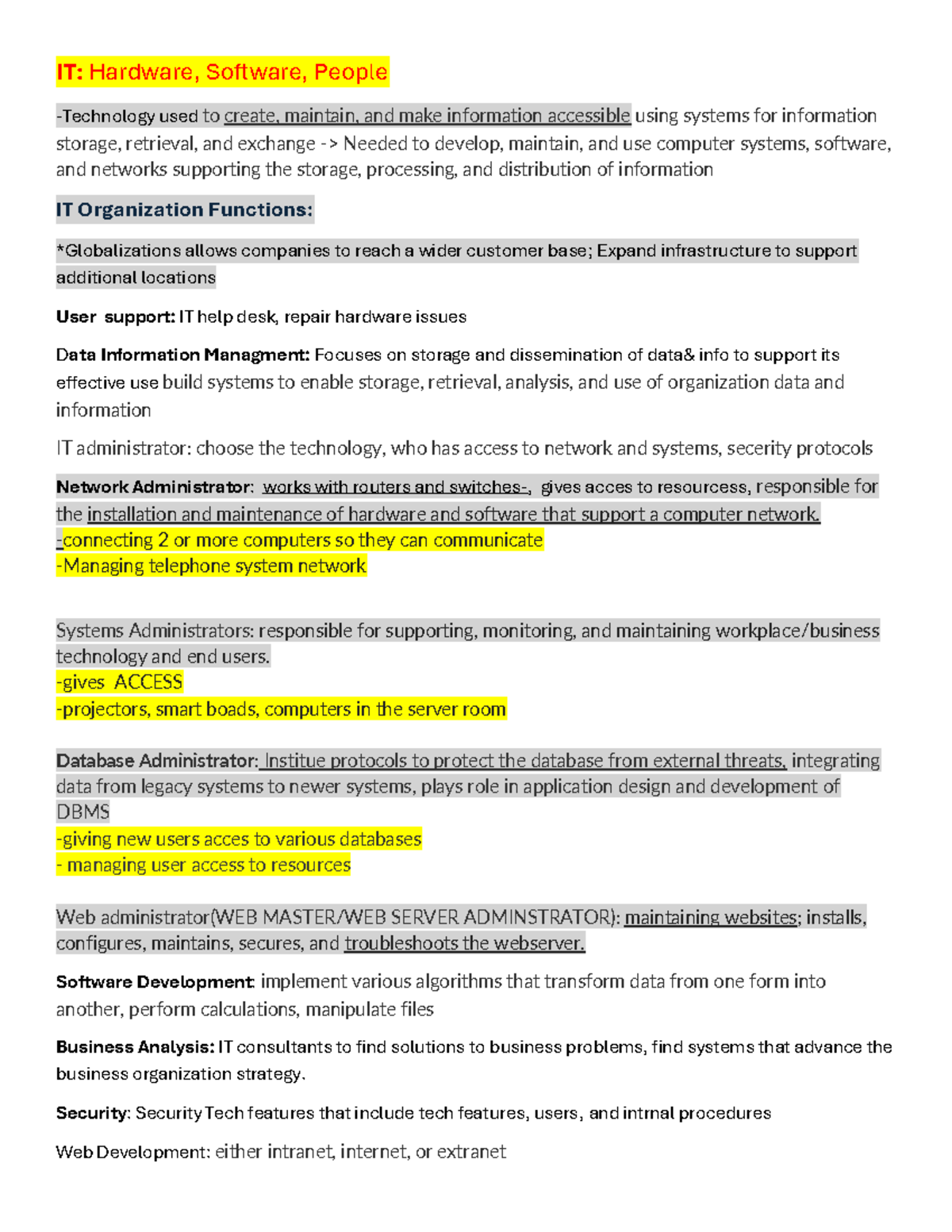 IT: Comprehensive Overview of Hardware, Software, and IT Roles - Studocu