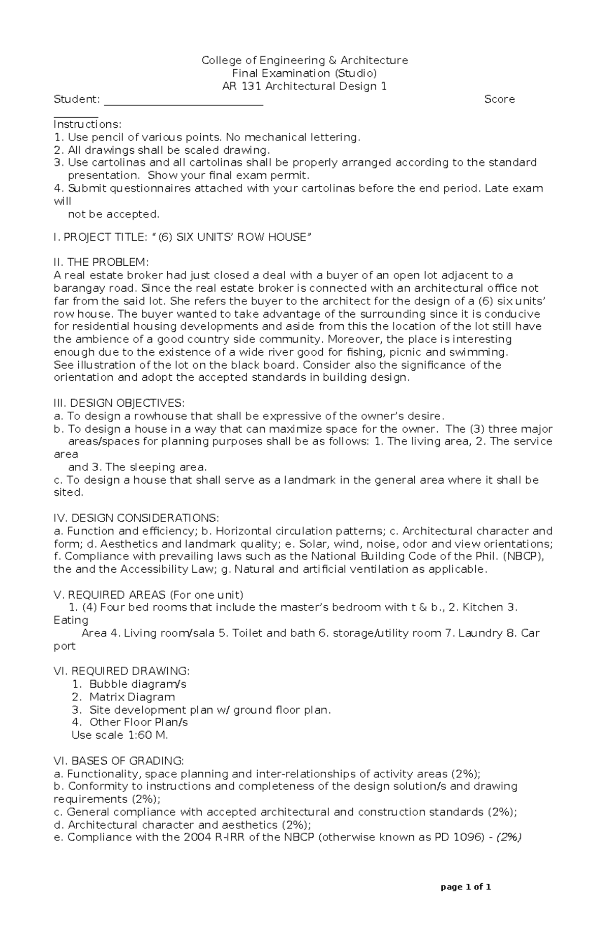 Final Exam AR 131: Architectural Design 1 - Six Row House Project - Studocu